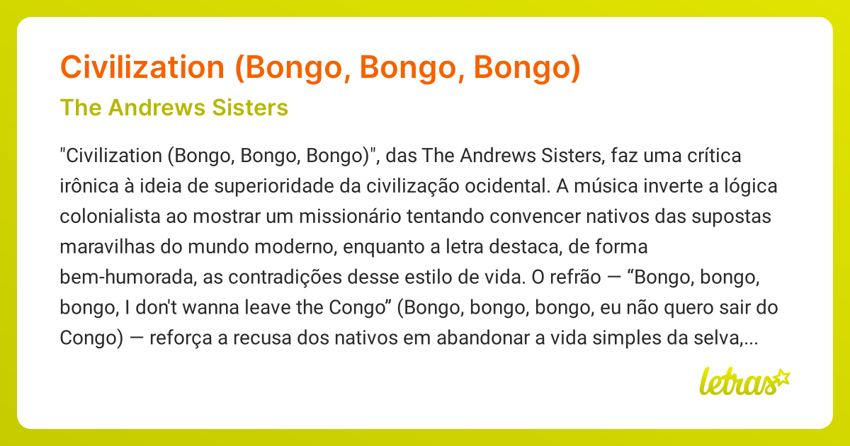 Significado da música Civilization (Bongo, Bongo, Bongo) (The Andrews ...