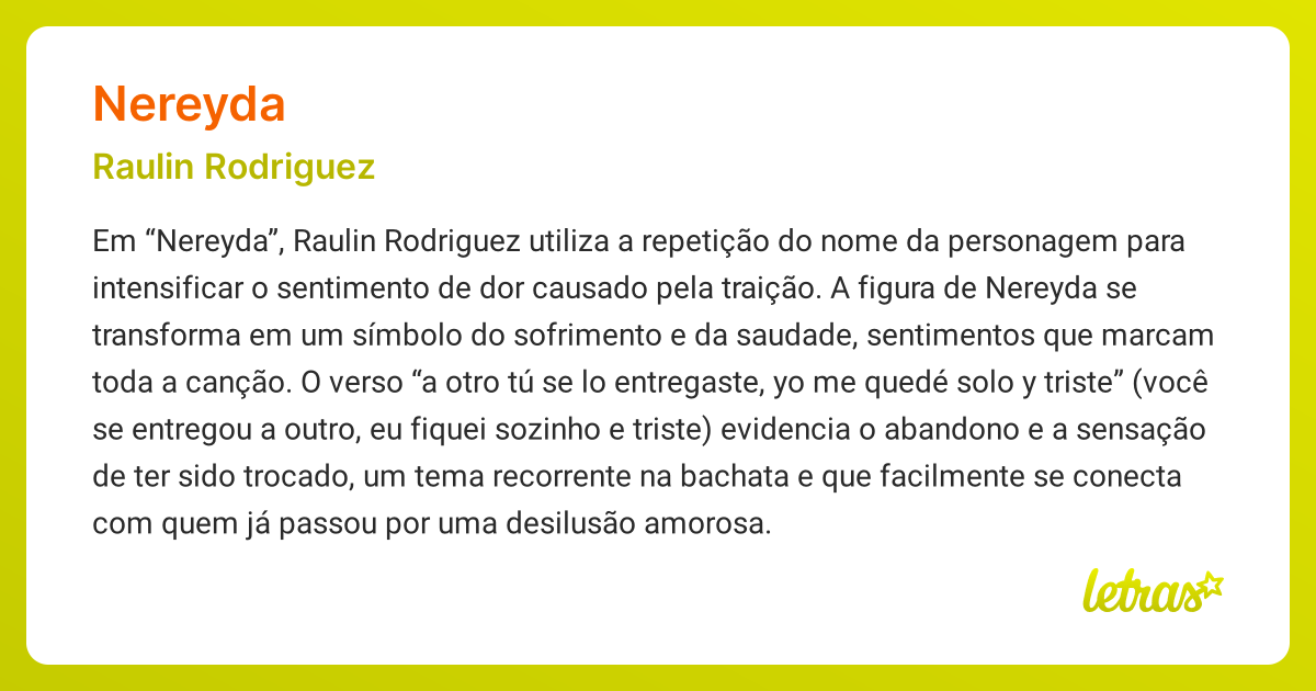 Significado da música NEREYDA (Raulin Rodriguez) - LETRAS.MUS.BR