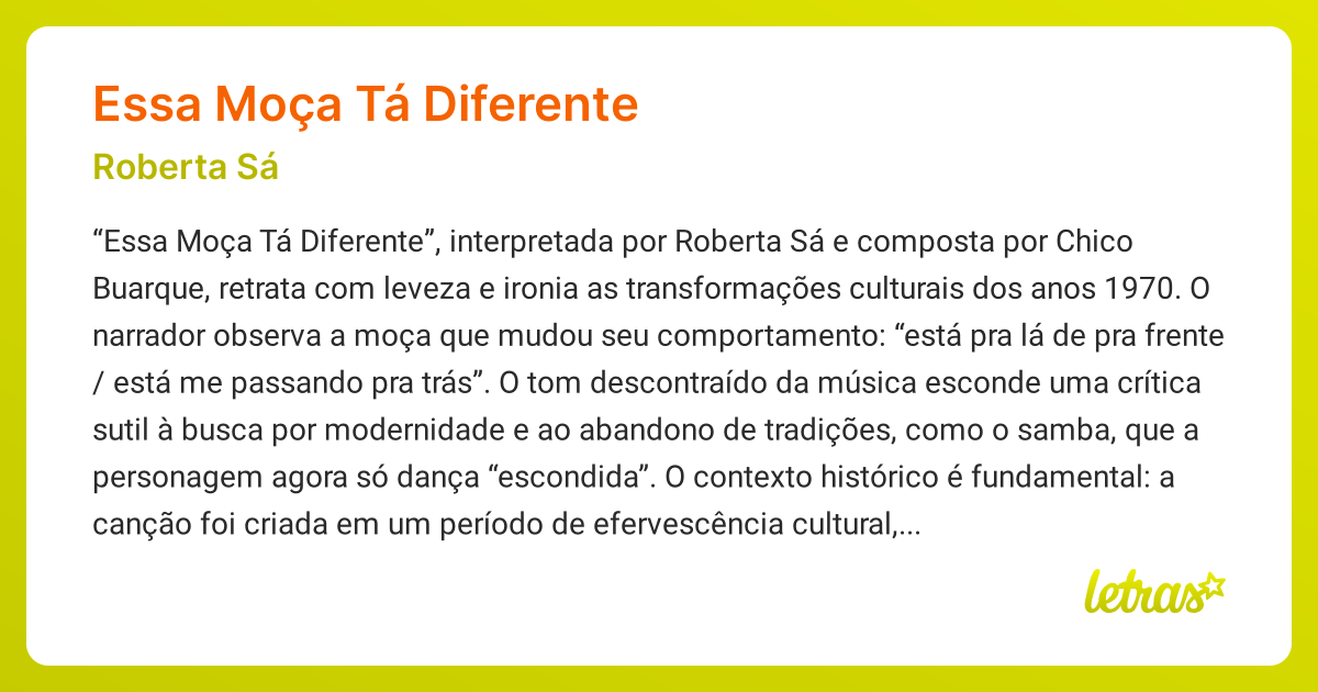 Significado da música ESSA MOÇA TÁ DIFERENTE (Roberta Sá) - LETRAS.MUS.BR