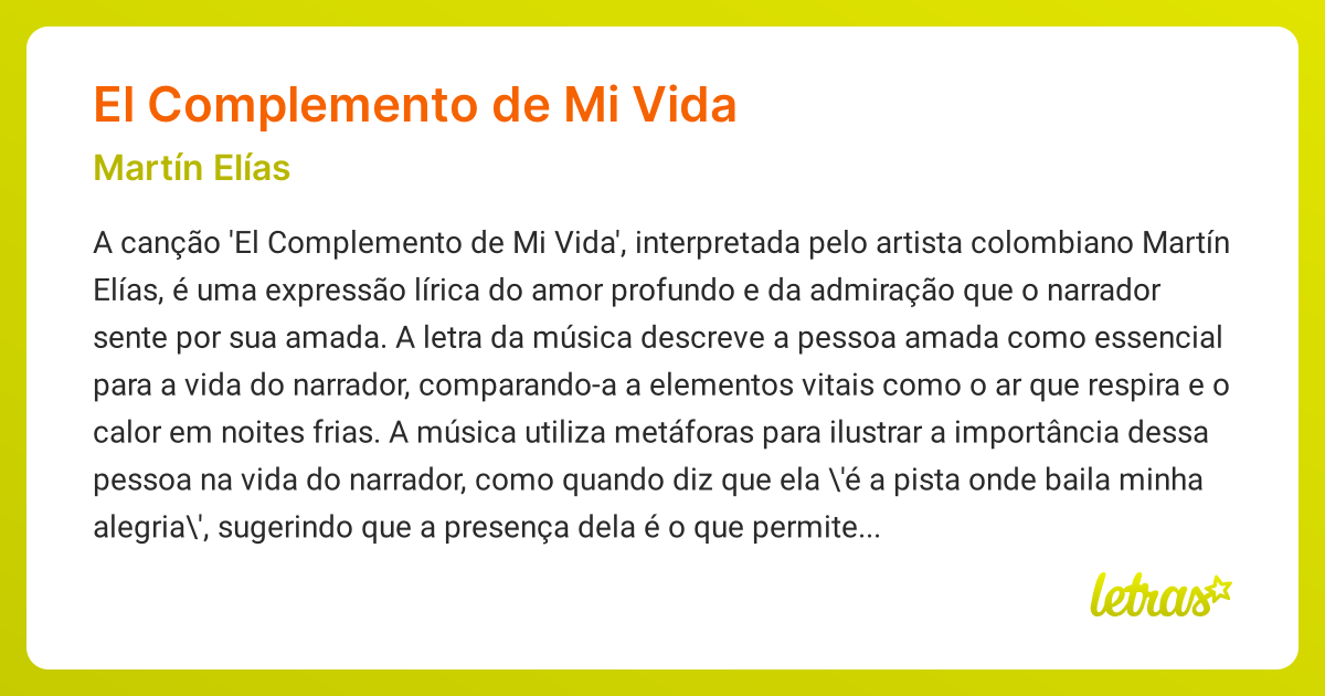Significado da música EL COMPLEMENTO DE MI VIDA (Martín Elías) - LETRAS.MUS.BR
