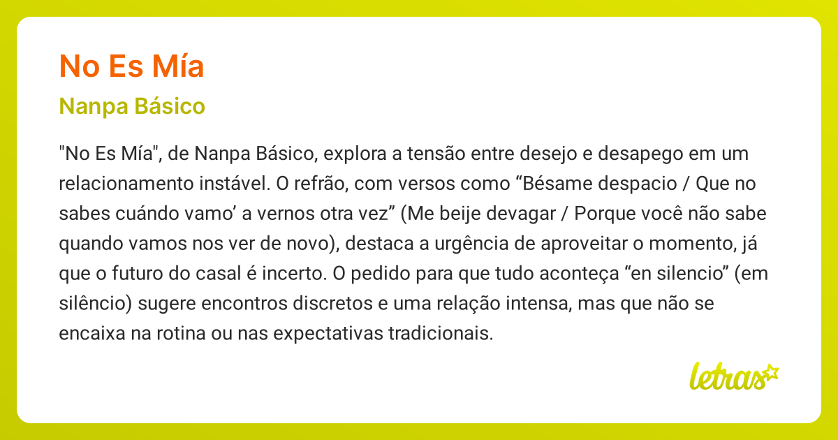 Significado da música NO ES MÍA (Nanpa Básico) - LETRAS.MUS.BR