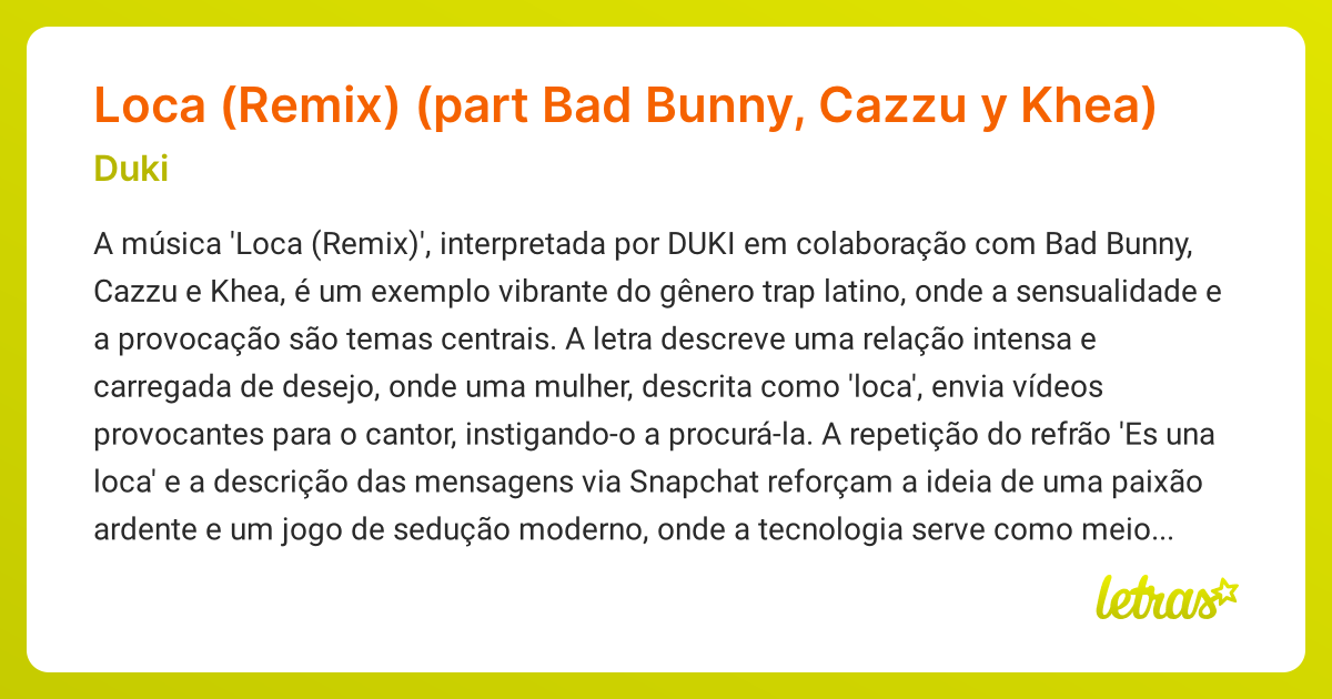 Significado da música Loca (Remix) (part Bad Bunny, Cazzu y Khea) (Duki ...