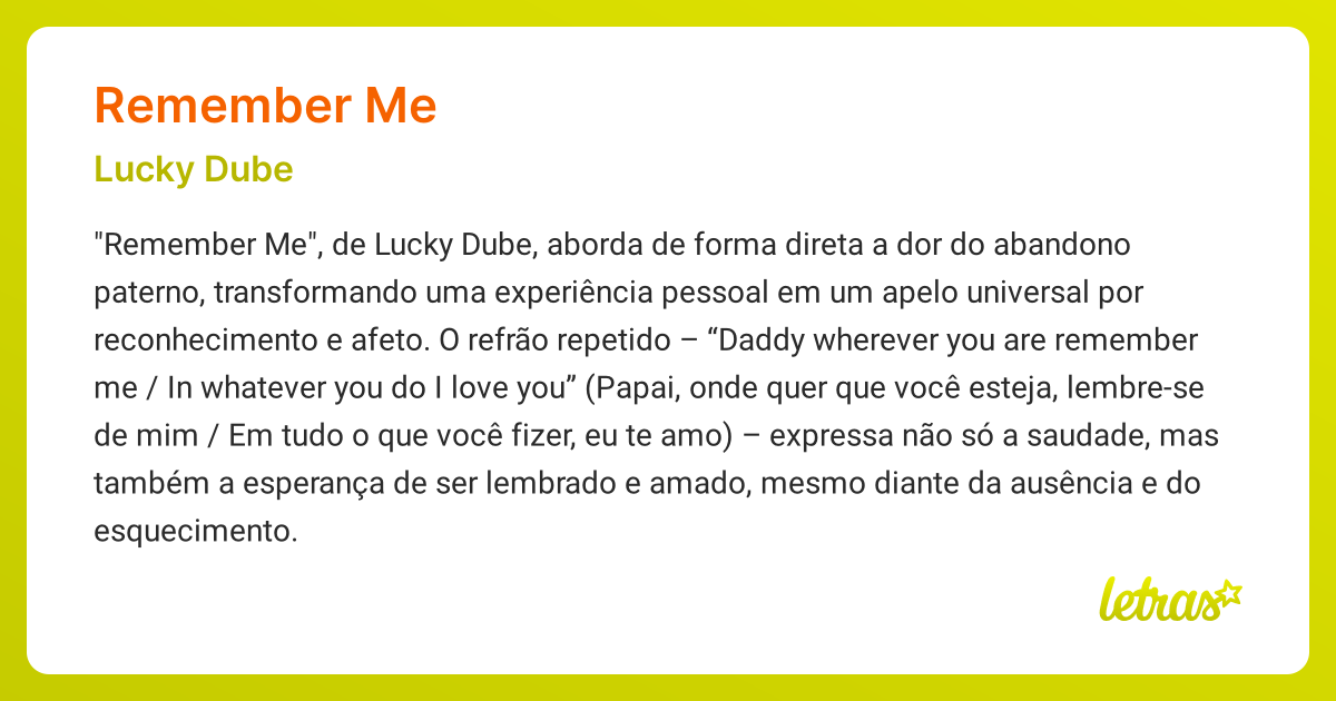 Significado da música REMEMBER ME (Lucky Dube) - LETRAS.MUS.BR