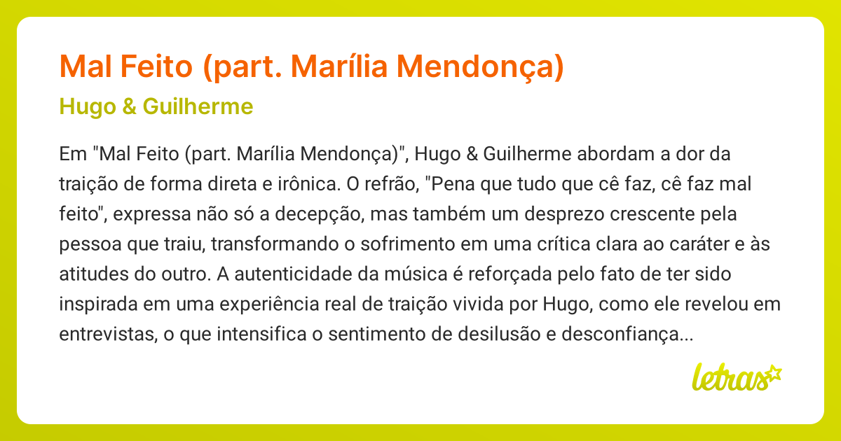Significado da música Mal Feito (part. Marília Mendonça) (Hugo ...