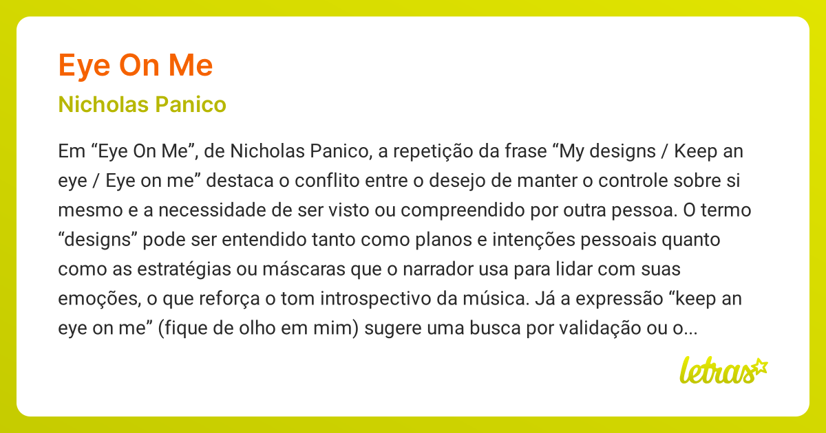 Significado da música EYE ON ME (Nicholas Panico) - LETRAS.MUS.BR