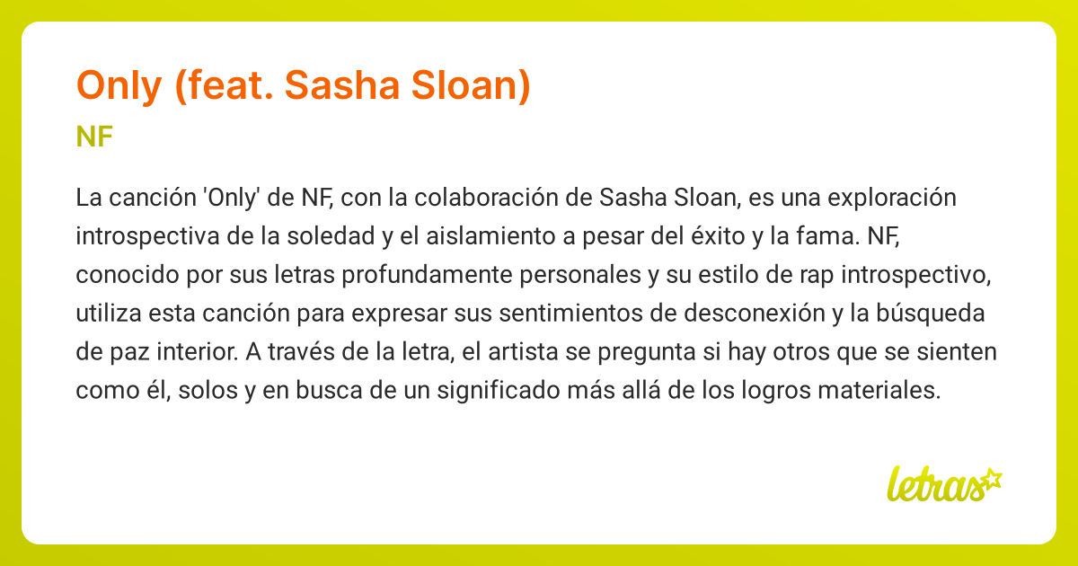 Significado de la canción ONLY (FEAT. SASHA SLOAN) (NF) - LETRAS.COM