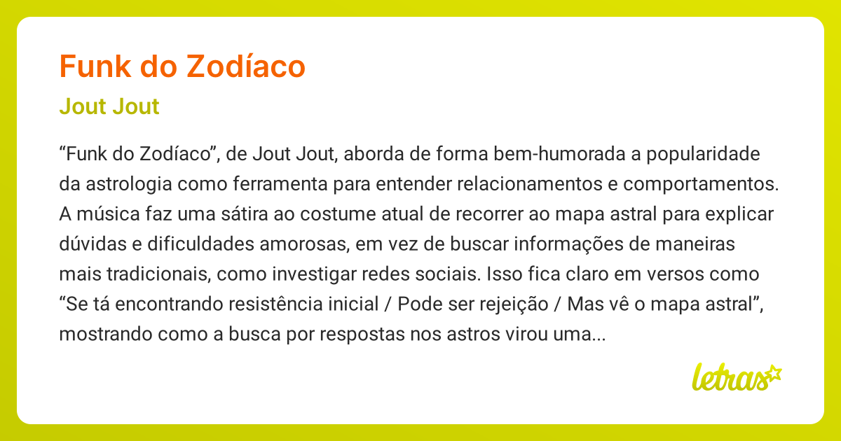 Significado da música FUNK DO ZODÍACO (Jout Jout) - LETRAS.MUS.BR