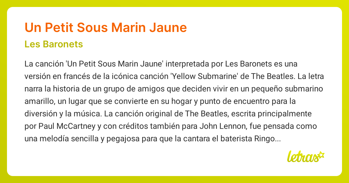 Significado de la canción UN PETIT SOUS MARIN JAUNE (Les Baronets ...
