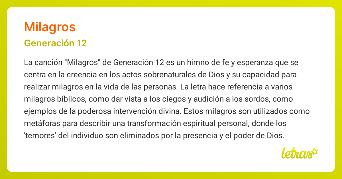 Significado de la canción MILAGROS (Generación 12) - LETRAS.COM