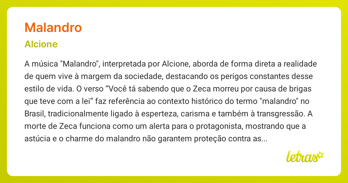 Significado da música MALANDRO (Alcione) - LETRAS.MUS.BR