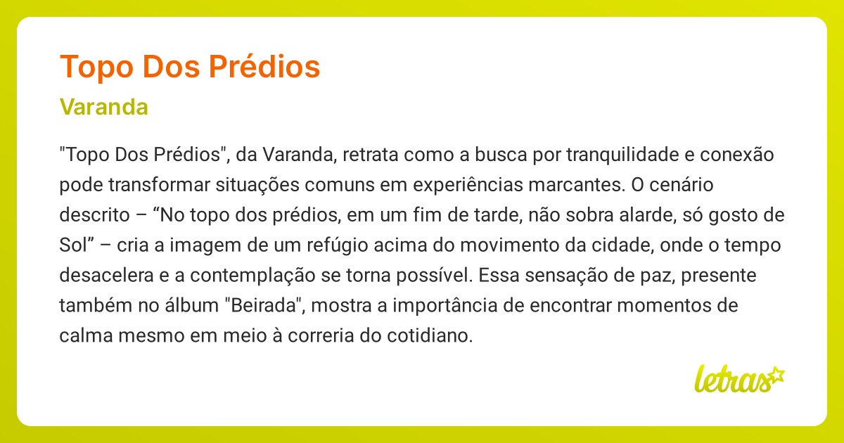Significado da música TOPO DOS PRÉDIOS (Varanda) - LETRAS.MUS.BR