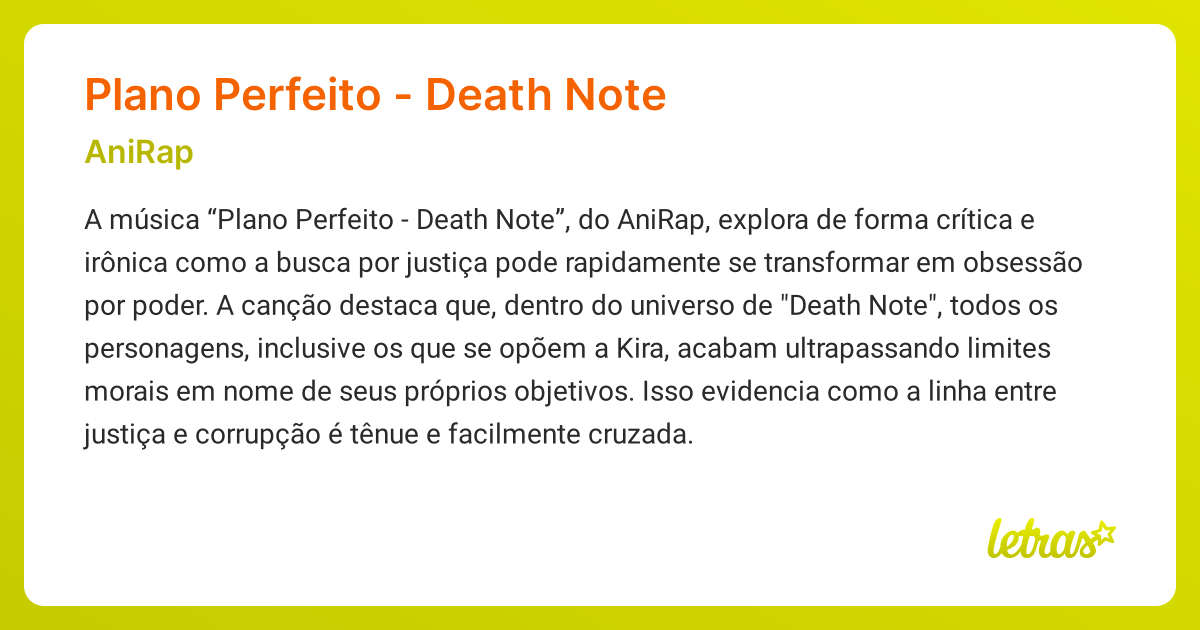 Significado da música ⁠PLANO PERFEITO - DEATH NOTE (AniRap) - LETRAS.MUS.BR