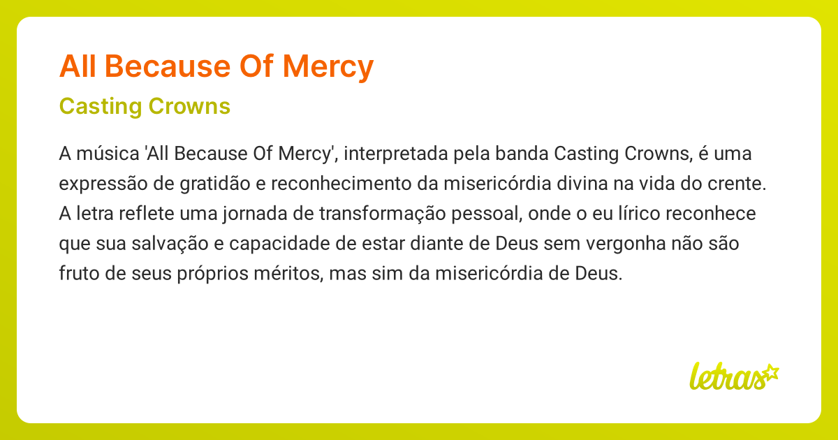 Significado da música ALL BECAUSE OF MERCY (Casting Crowns) - LETRAS.MUS.BR