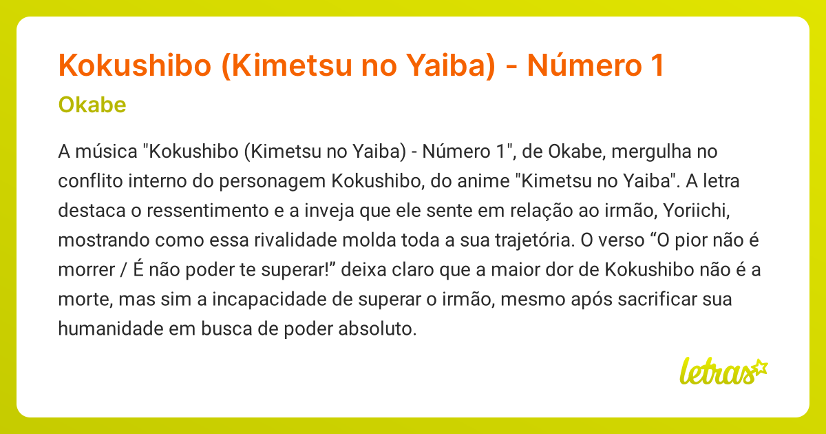 Significado da música Kokushibo (Kimetsu no Yaiba) - Número 1 (Okabe) - LETRAS.MUS.BR