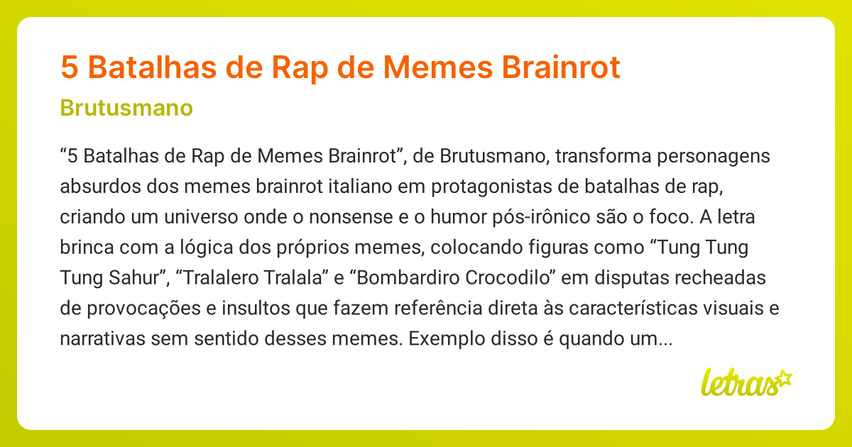 Significado da música 5 Batalhas de Rap de Memes Brainrot (Brutusmano ...
