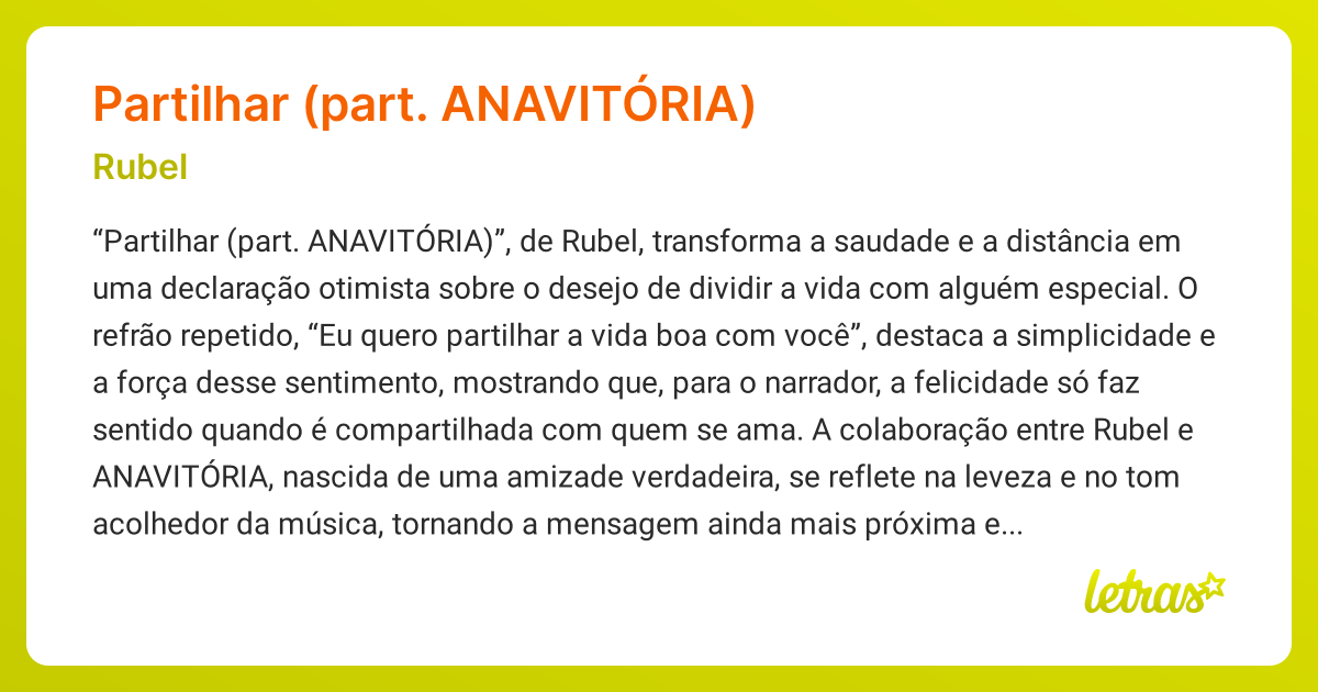Significado da música PARTILHAR (PART. ANAVITÓRIA) (Rubel) - LETRAS.MUS.BR