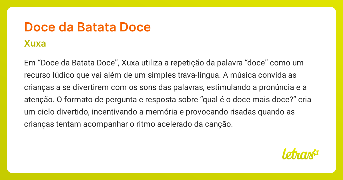 Significado da música DOCE DA BATATA DOCE (Xuxa) - LETRAS.MUS.BR