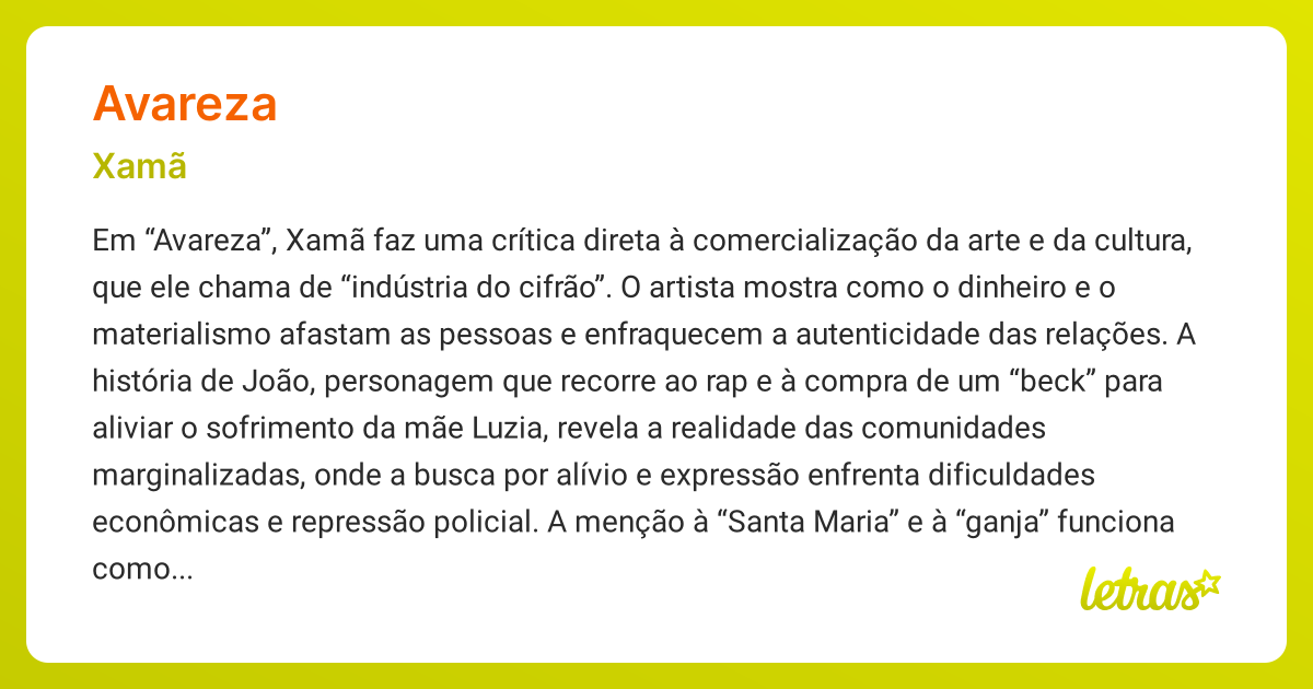 Significado da música AVAREZA (Xamã) - LETRAS.MUS.BR