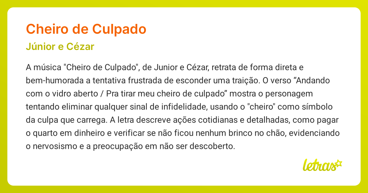 Significado da música CHEIRO DE CULPADO (Júnior e Cézar) - LETRAS.MUS.BR