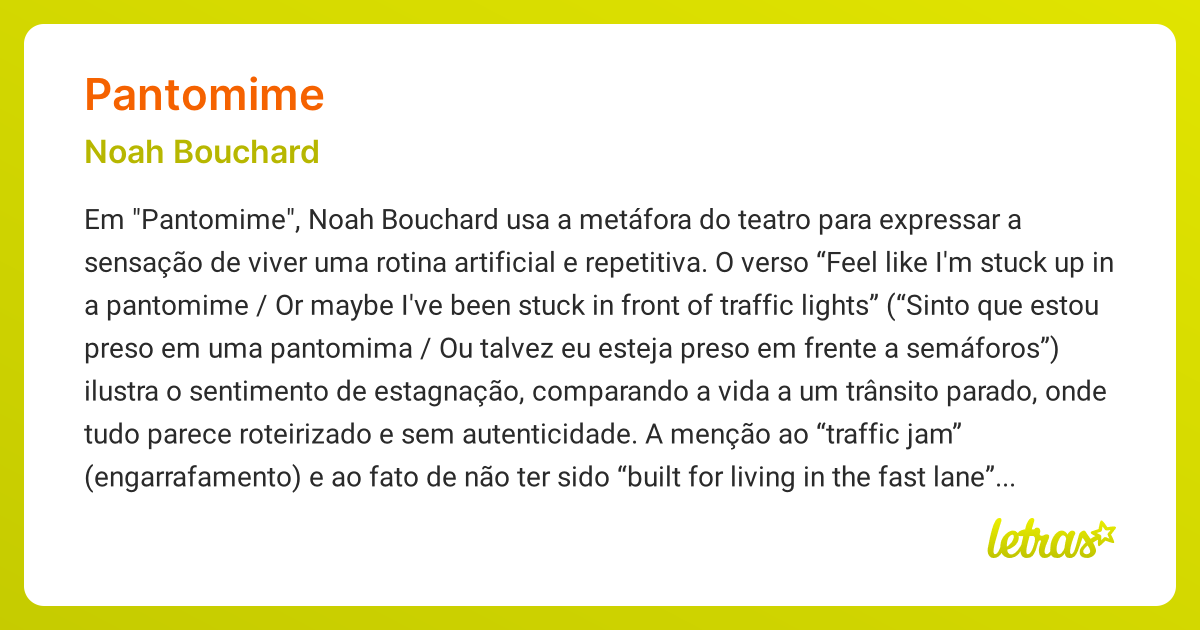 Significado da música PANTOMIME (Noah Bouchard) - LETRAS.MUS.BR