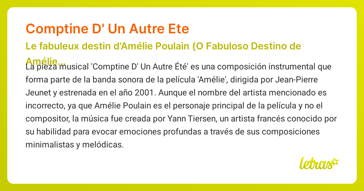 Significado de la canción COMPTINE D' UN AUTRE ETE (Le fabuleux destin ...