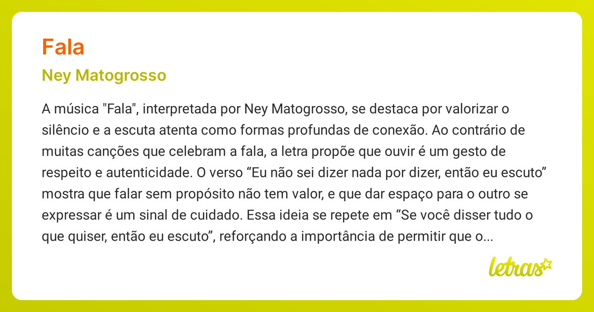 Significado da música FALA (Ney Matogrosso) - LETRAS.MUS.BR
