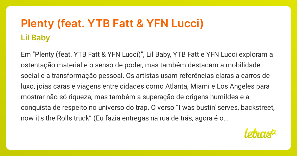 Significado da música Plenty (feat. YTB Fatt & YFN Lucci) (Lil Baby ...