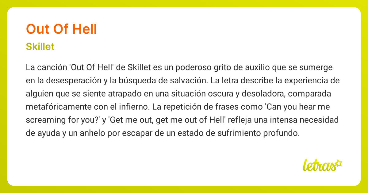 Significado de la canción OUT OF HELL (Skillet) - LETRAS.COM