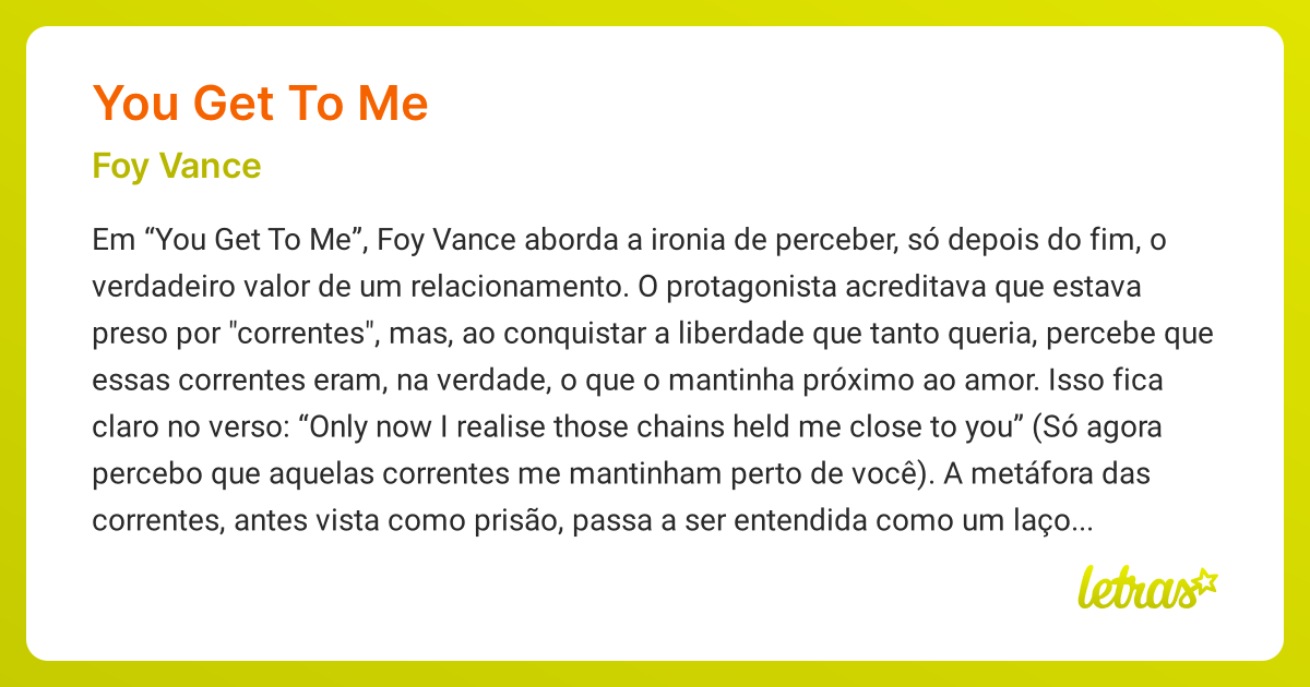 Significado da música YOU GET TO ME (Foy Vance) - LETRAS.MUS.BR