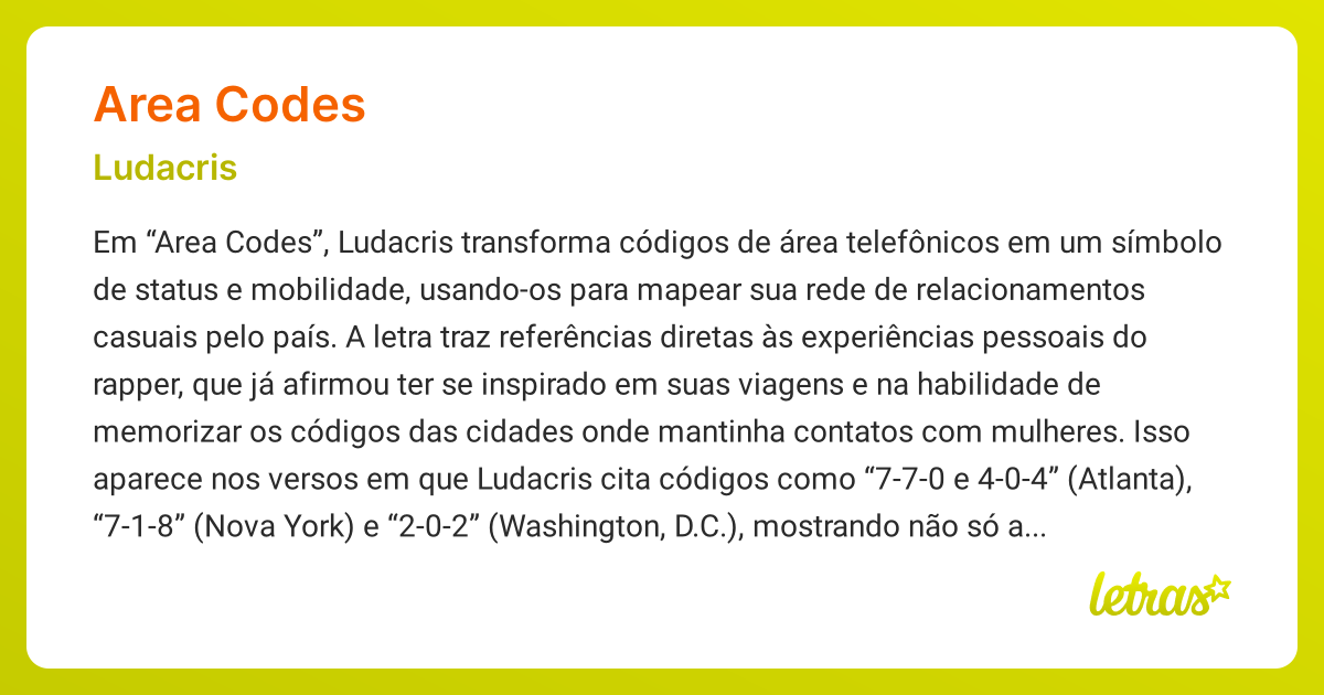 Significado da música AREA CODES (Ludacris) - LETRAS.MUS.BR