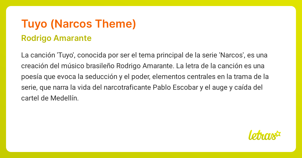 Significado de la canción TUYO (NARCOS THEME) (Rodrigo Amarante ...
