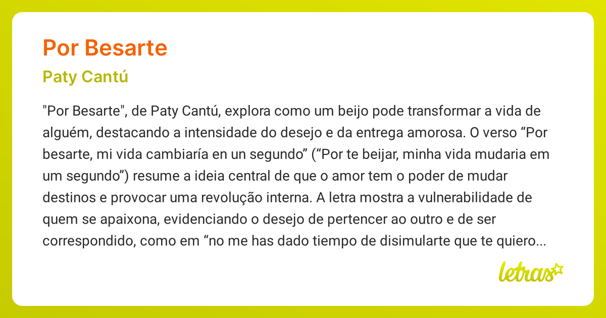 Significado da música POR BESARTE (Paty Cantú) - LETRAS.MUS.BR