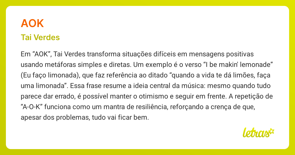 Significado da música AOK (Tai Verdes) - LETRAS.MUS.BR