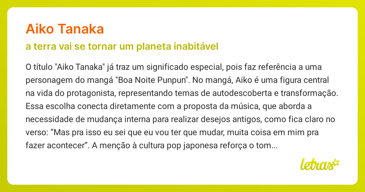 Significado da música AIKO TANAKA (a terra vai se tornar um planeta ...