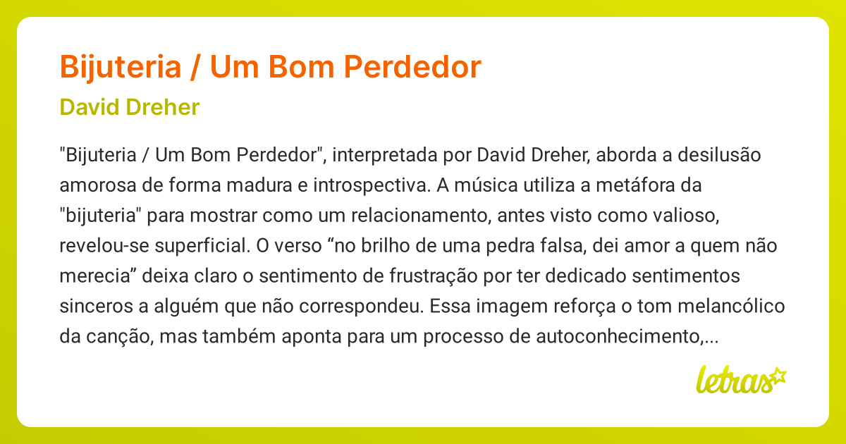 Significado da música BIJUTERIA / UM BOM PERDEDOR (David Dreher ...