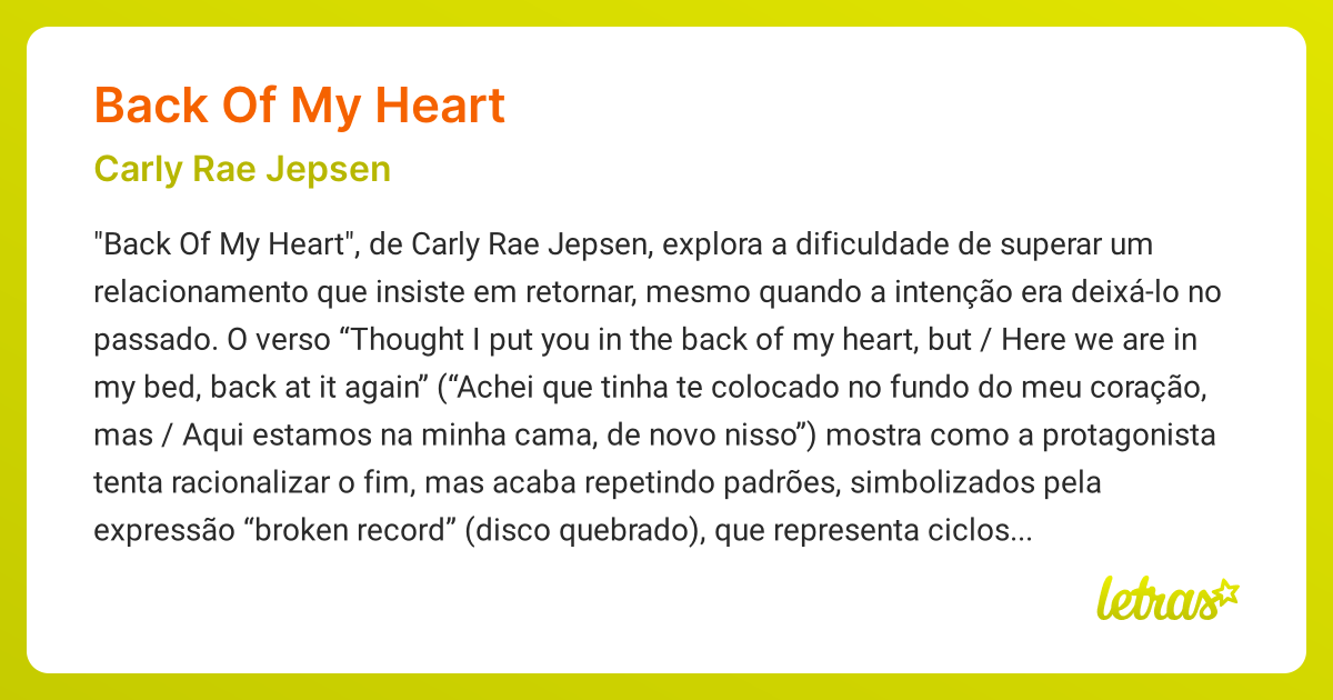Significado da música BACK OF MY HEART (Carly Rae Jepsen) - LETRAS.MUS.BR