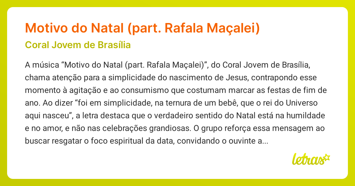 Significado da música Motivo do Natal (part. Rafala Maçalei) (Coral ...