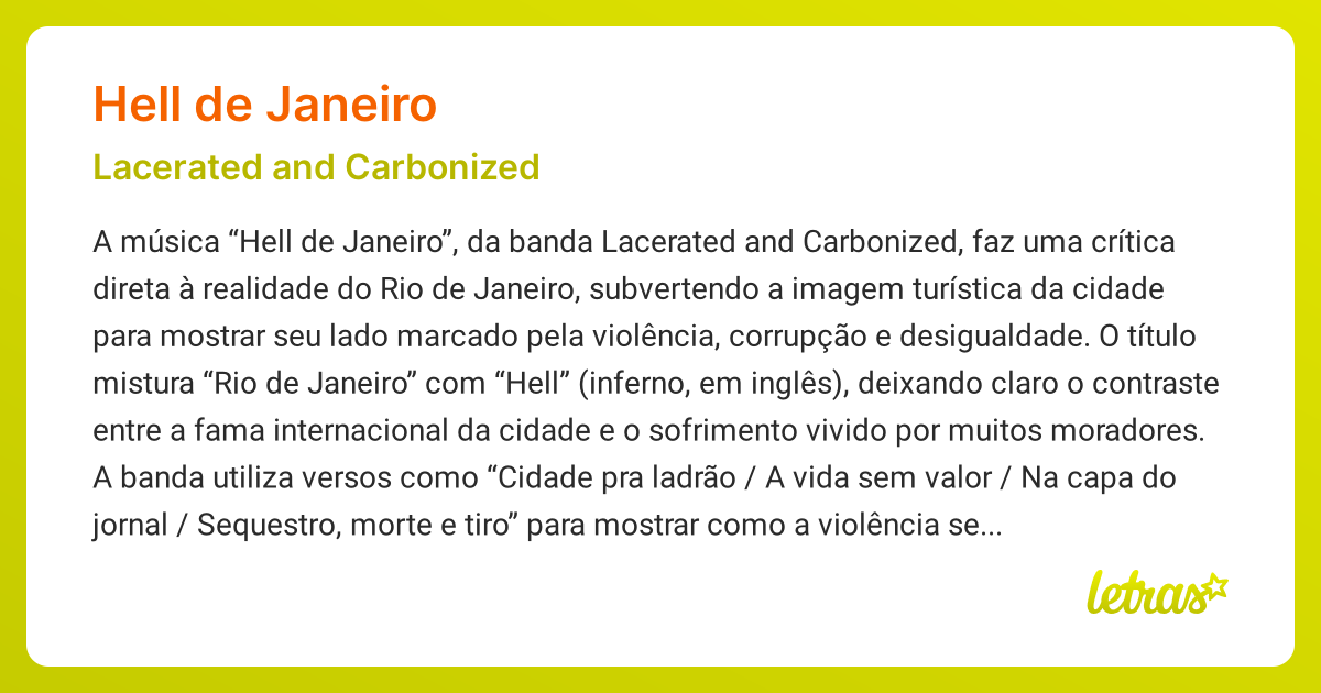 Significado da música HELL DE JANEIRO (Lacerated and Carbonized ...