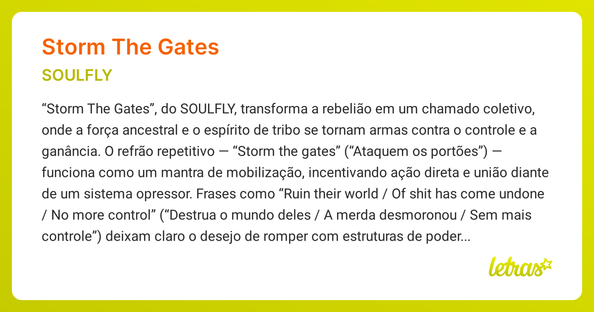 Significado da música STORM THE GATES (SOULFLY) - LETRAS.MUS.BR