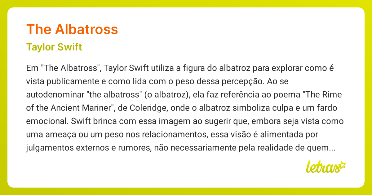 Significado da música THE ALBATROSS (Taylor Swift) - LETRAS.MUS.BR