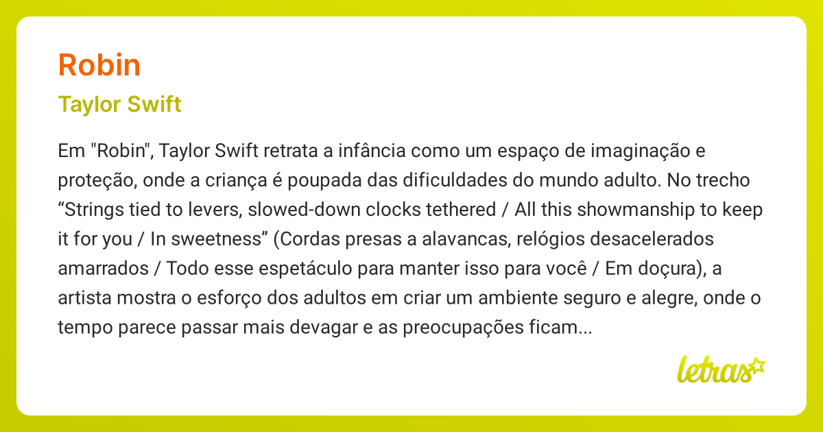 Significado da música ROBIN (Taylor Swift) - LETRAS.MUS.BR