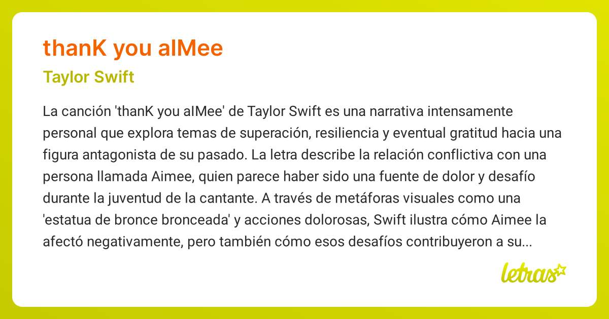 Significado de la canción THANK YOU AIMEE (Taylor Swift) - LETRAS.COM