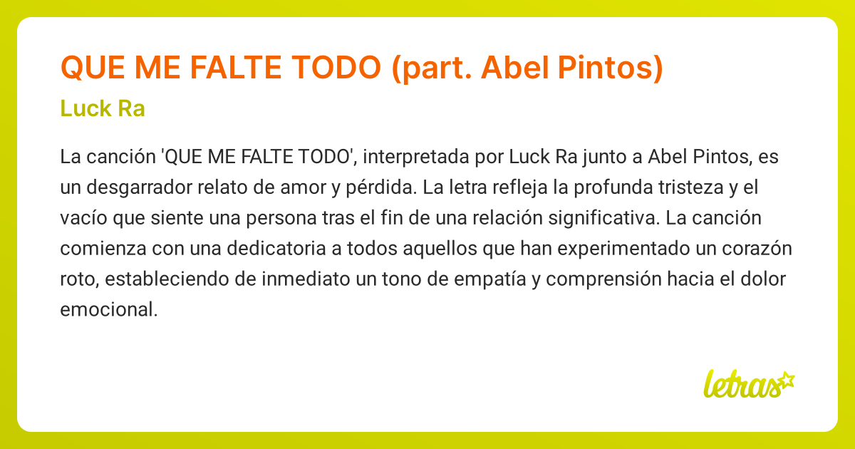 Significado de la canción QUE ME FALTE TODO (part. Abel Pintos) (Luck ...