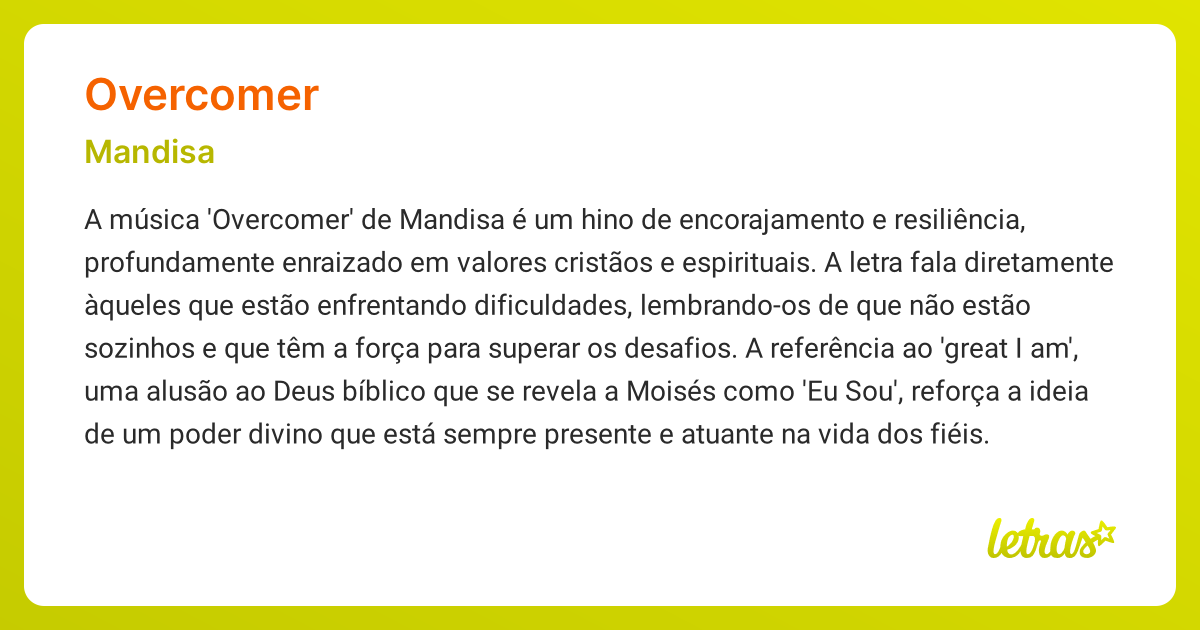 Significado da música OVERCOMER (Mandisa) - LETRAS.MUS.BR