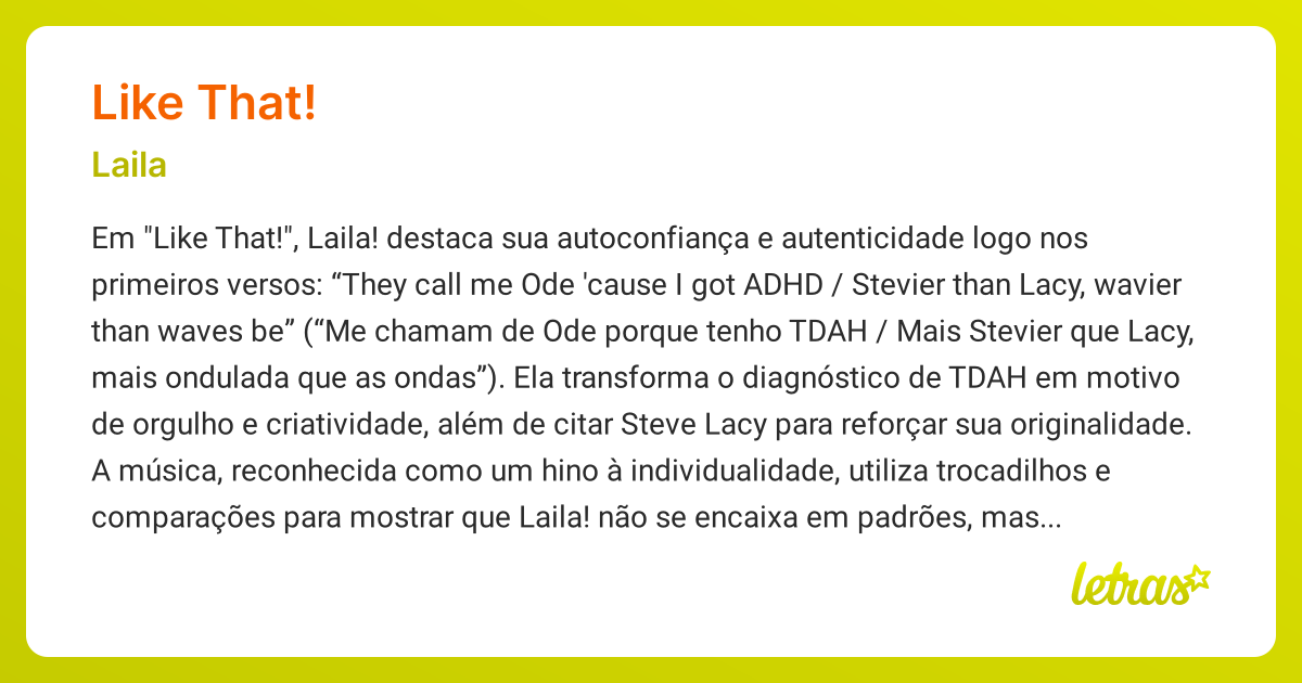 Significado da música LIKE THAT! (Laila) - LETRAS.MUS.BR