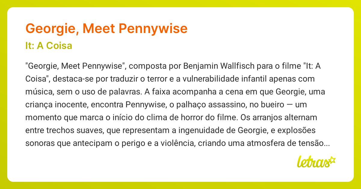 Significado da música GEORGIE, MEET PENNYWISE (It: A Coisa) - LETRAS.MUS.BR