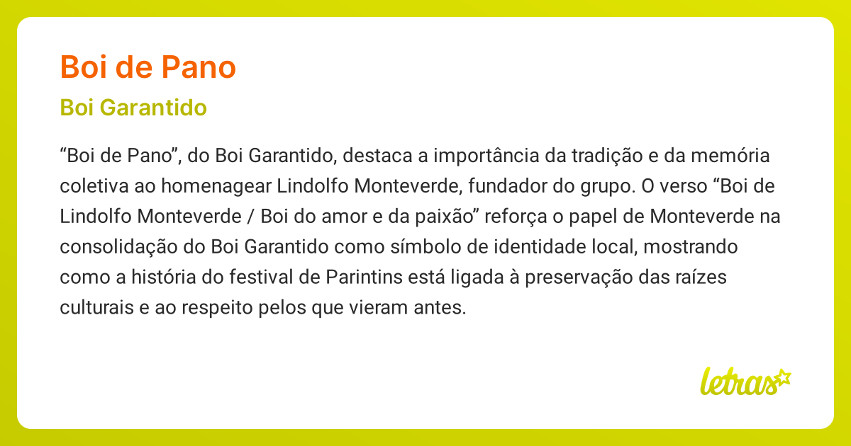 Significado da música BOI DE PANO (Boi Garantido) - LETRAS.MUS.BR