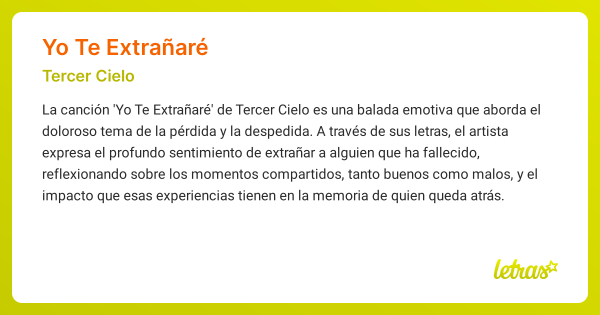 Significado de la canción YO TE EXTRAÑARÉ (Tercer Cielo) - LETRAS.COM