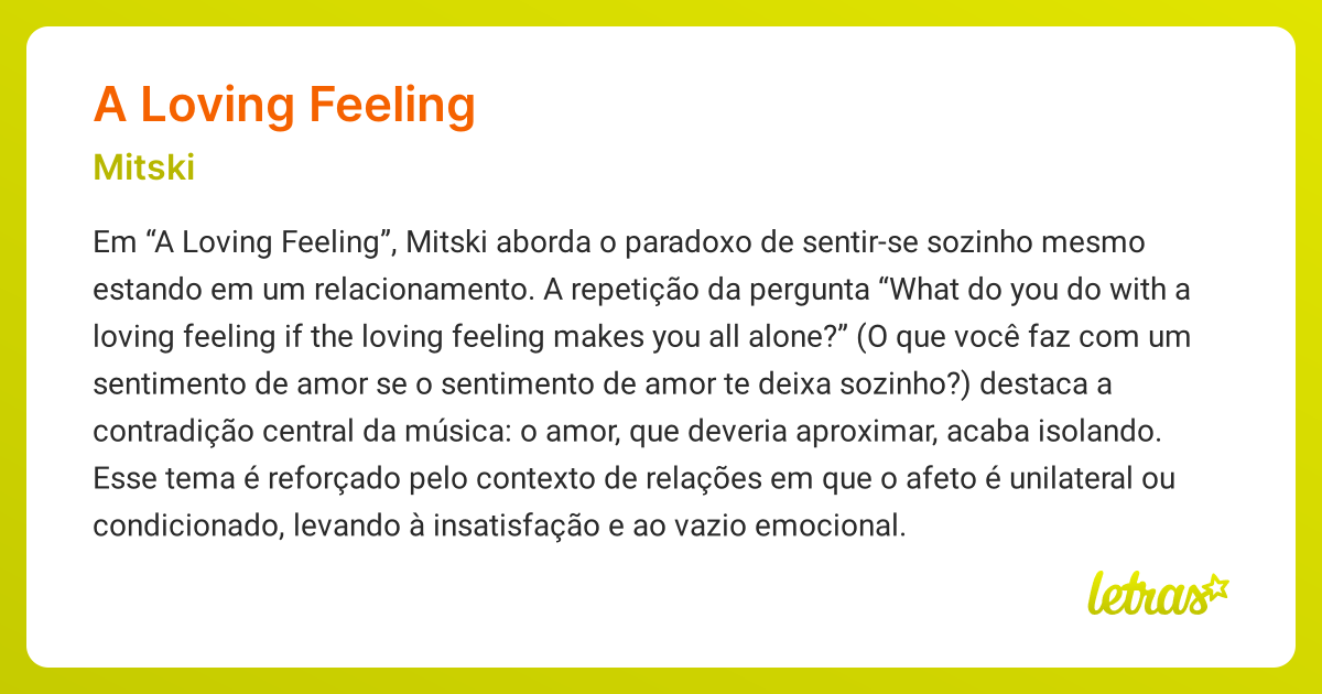 Significado da música A LOVING FEELING (Mitski) - LETRAS.MUS.BR