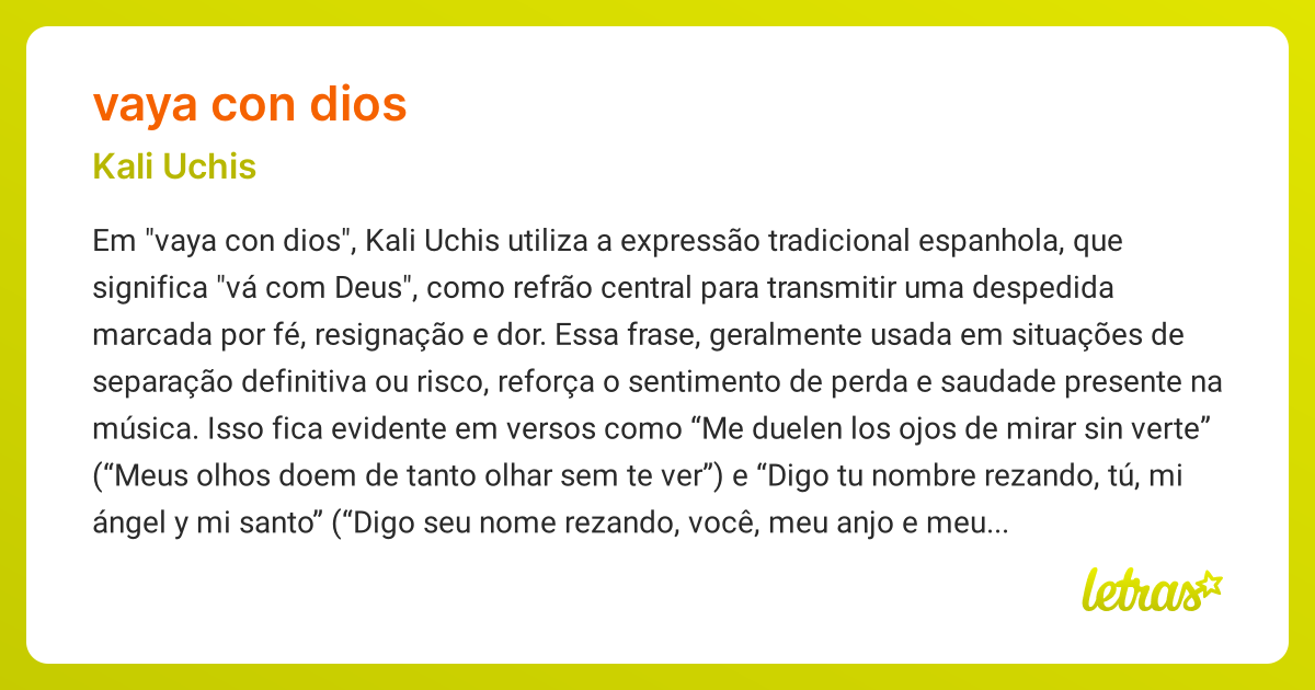 Significado da música VAYA CON DIOS (Kali Uchis) - LETRAS.MUS.BR